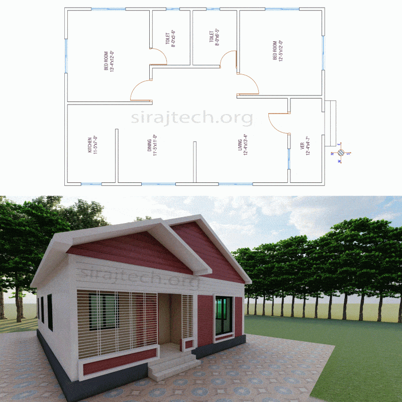 2 bhk house plan in village - কম খরচে একতলা বাড়ির- SIRAJ TECH